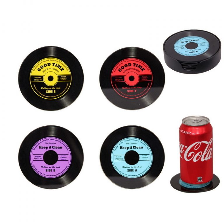 Set Of 4 Black Vinyl Music Coasters With Caddy | Dalisay