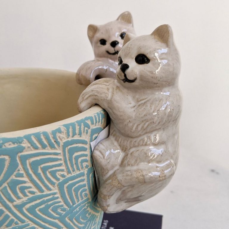 White Pink Kitty Cat Ceramic Pot Planter Sitter - Set Of 2 | Dalisay