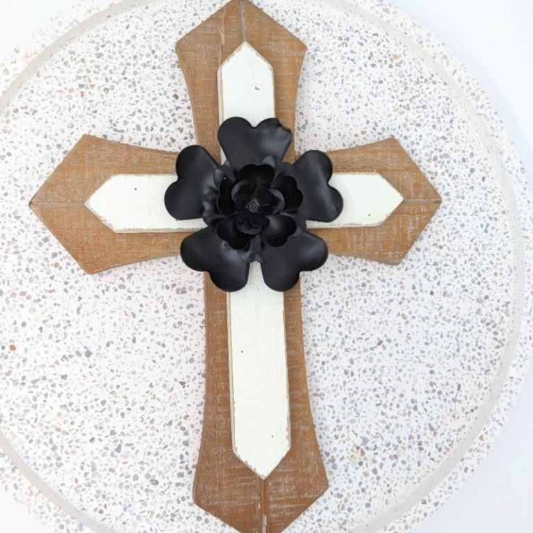 Black Metal Flower Wooden Cross Decor, 30cm | Dalisay Black Metal Flower Wooden Cross Decor, 30cm | Dalisay