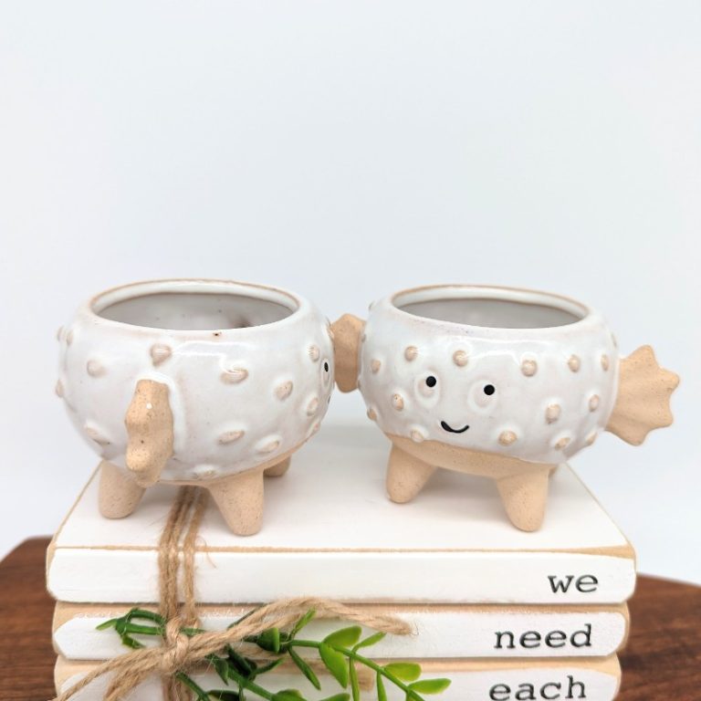 Natural White Puffer Fish Planter Pot - Set Of 2 | Dalisay